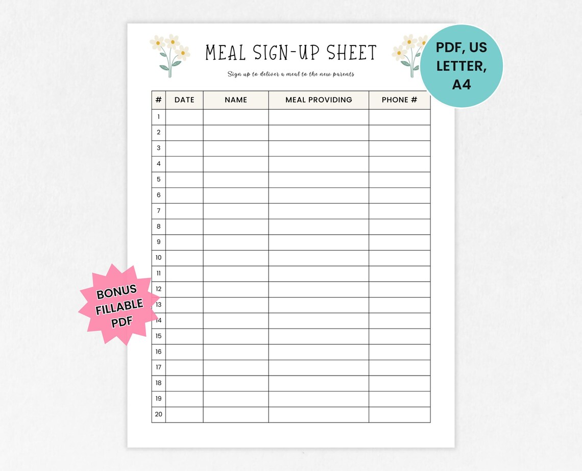 Meal Sign up Sheet, Meal Train Signup Sheet Printable, New Parents Food ...