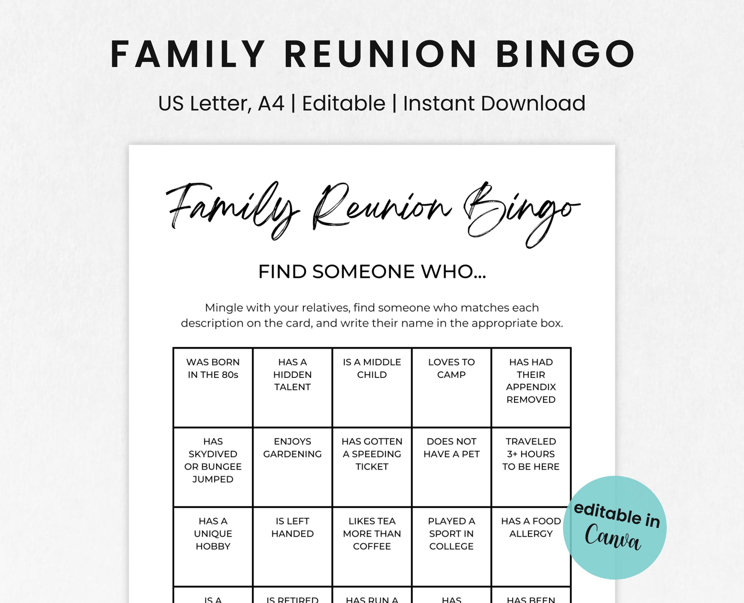 Editable Family Reunion Bingo, Family Reunion Printable Bingo Game ...