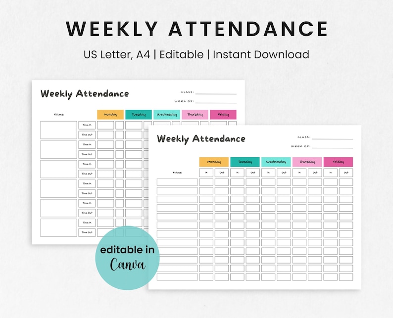Editable Weekly Attendance Tracker Template, Daycare Sign In, Preschool ...