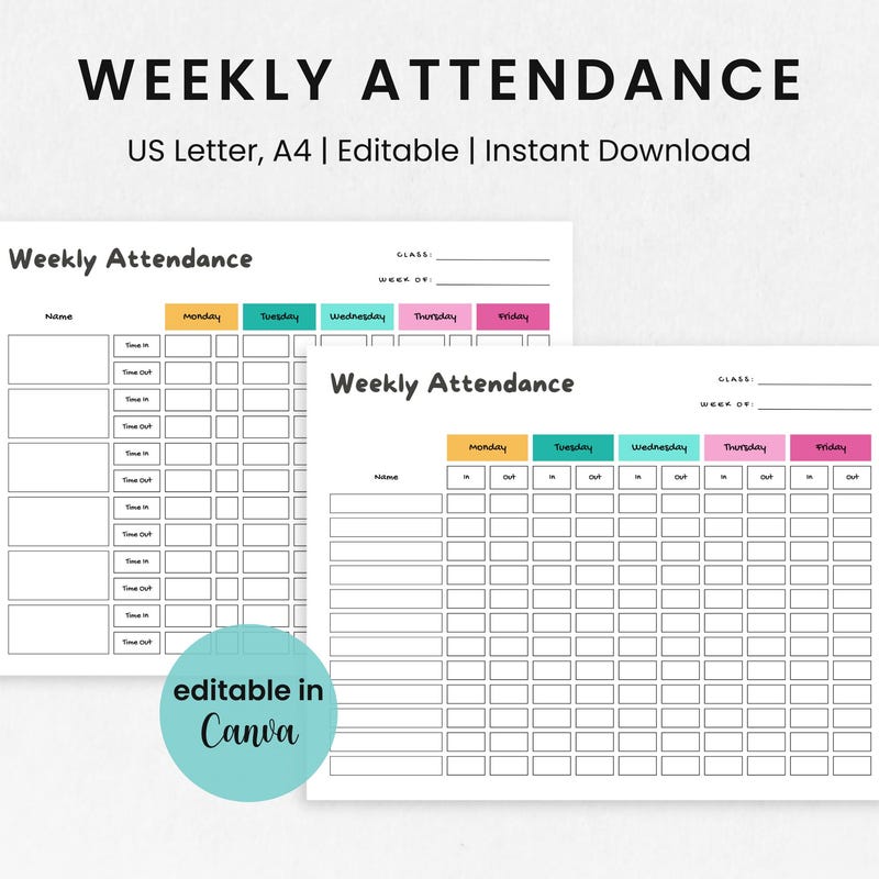 Weekly Attendance Sheet - Etsy