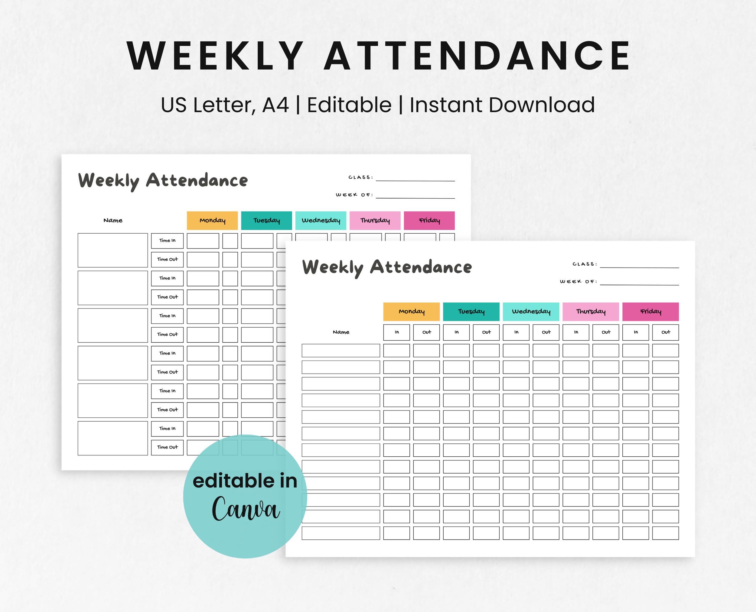 Editable Weekly Attendance Tracker Template, Daycare Sign In, Preschool ...