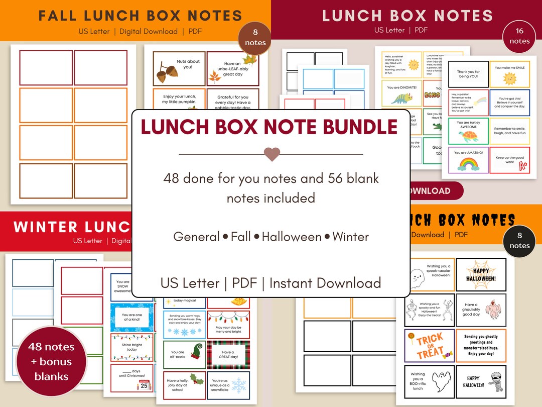 Lunch Notes for Kids Bundle, Lunchbox Notes, Lunch Box Note Blank ...