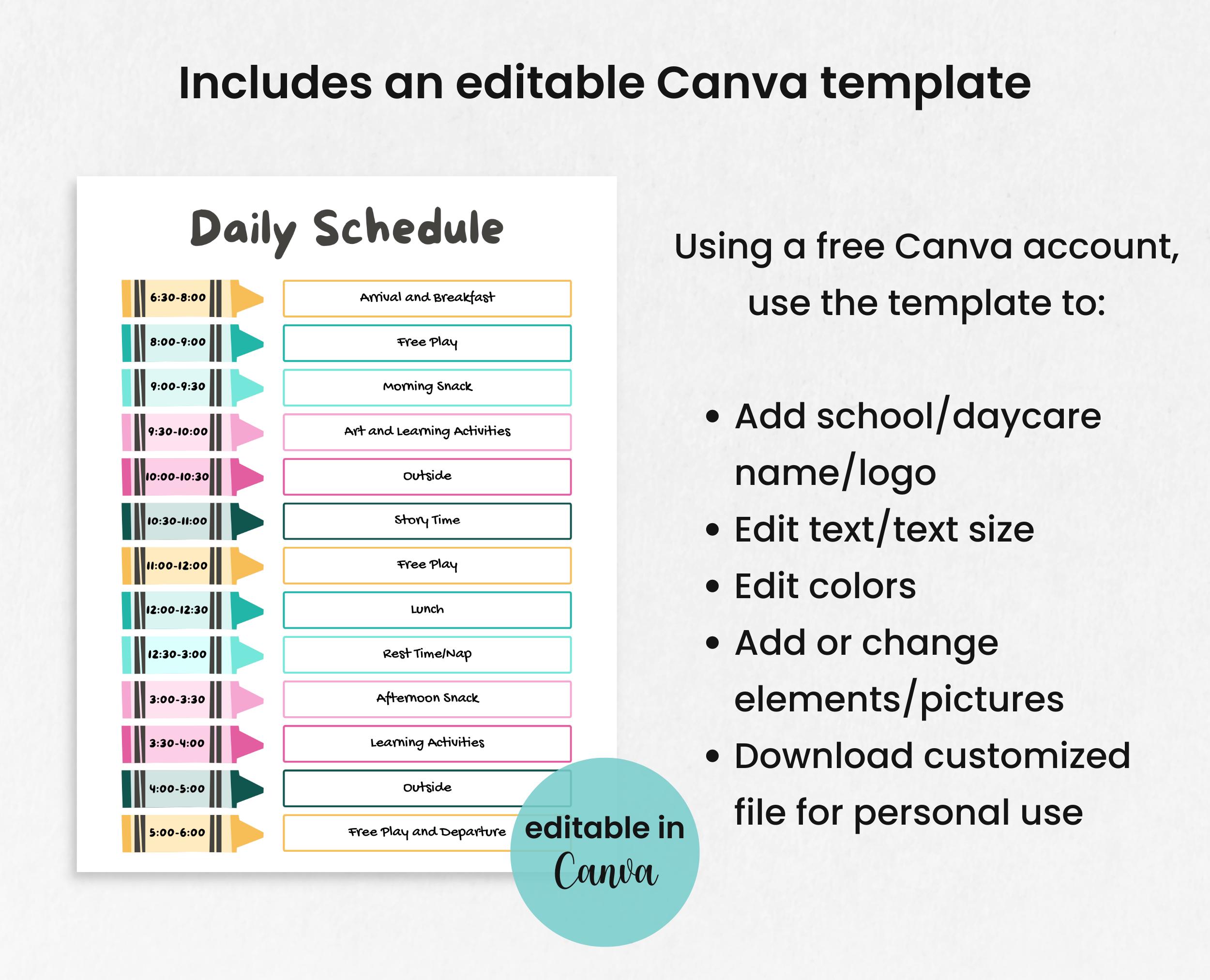 Editable Daily Schedule Template, Daycare Schedule, Preschool Class ...