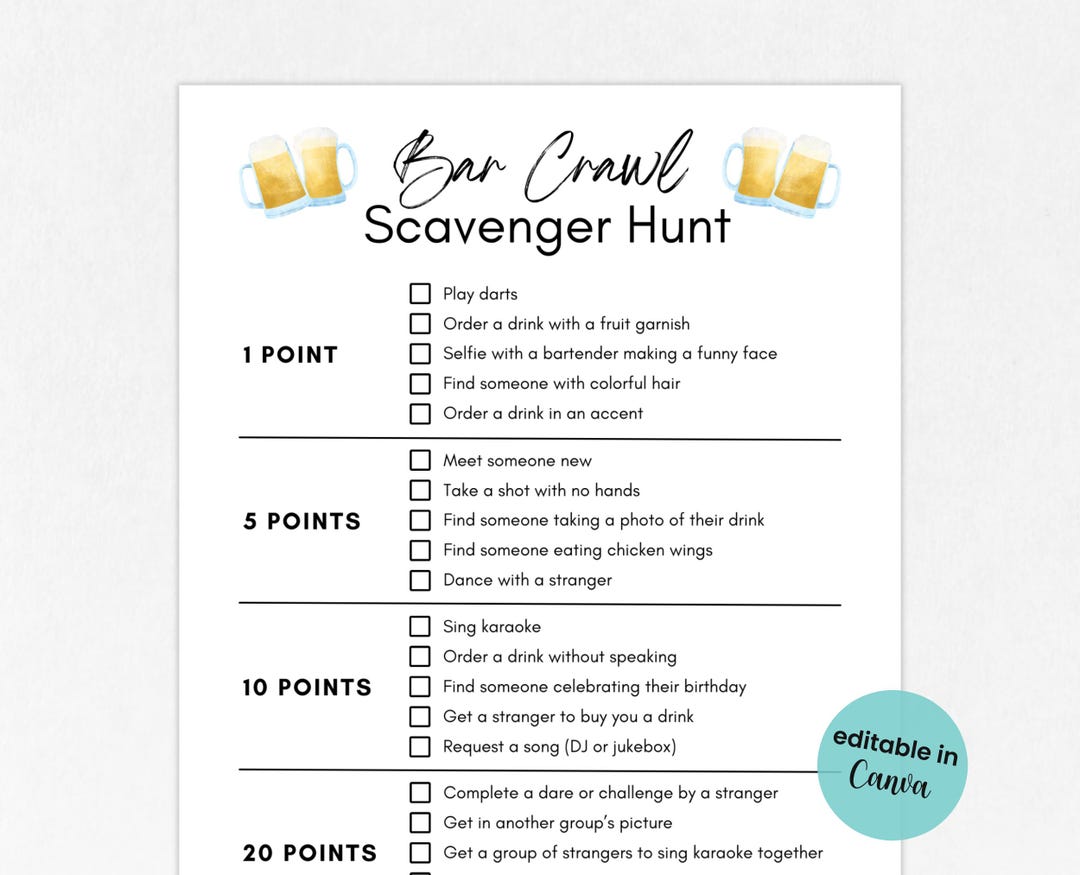Editable Bar Crawl Scavenger Hunt, Bachelor Party Game, Bachelorette ...