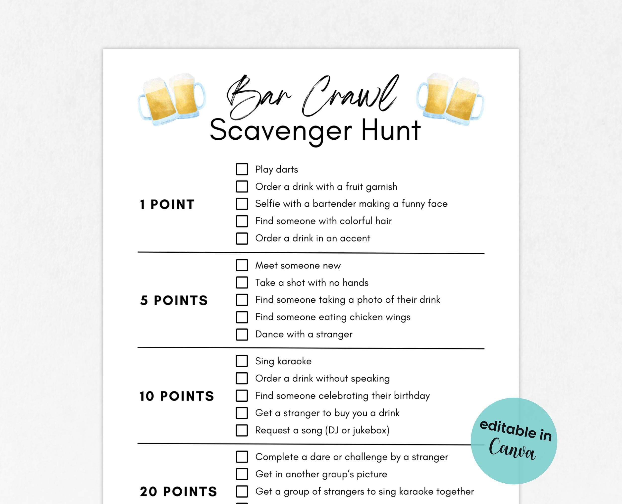 Editable Bar Crawl Scavenger Hunt, Bachelor Party Game, Bachelorette ...