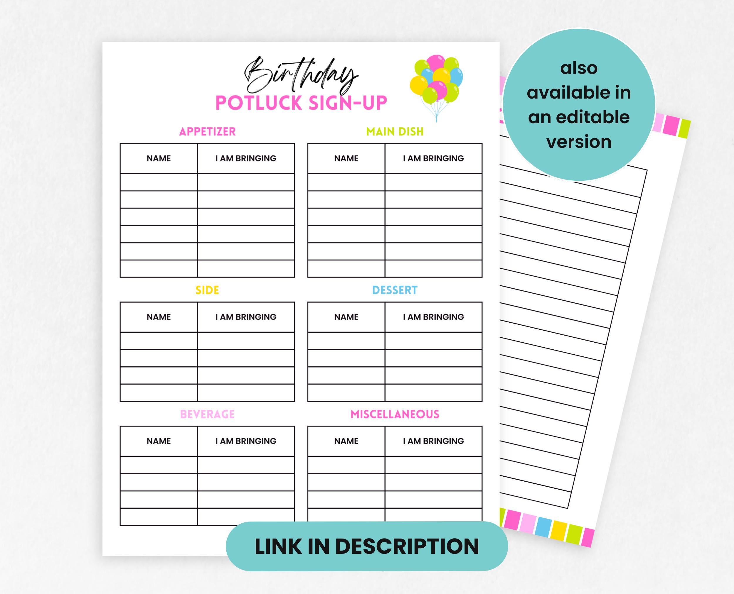 Birthday Potluck Sign up Sheet, Birthday Party Potluck, Potluck Party ...