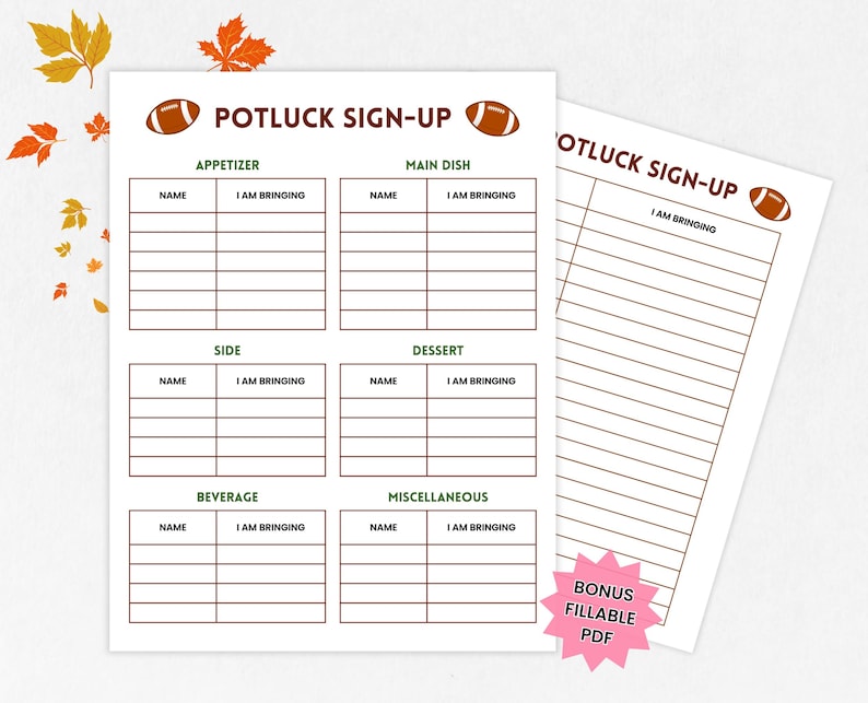 Football Potluck Sign up Sheet, Office Potluck Party Printable, Fall ...