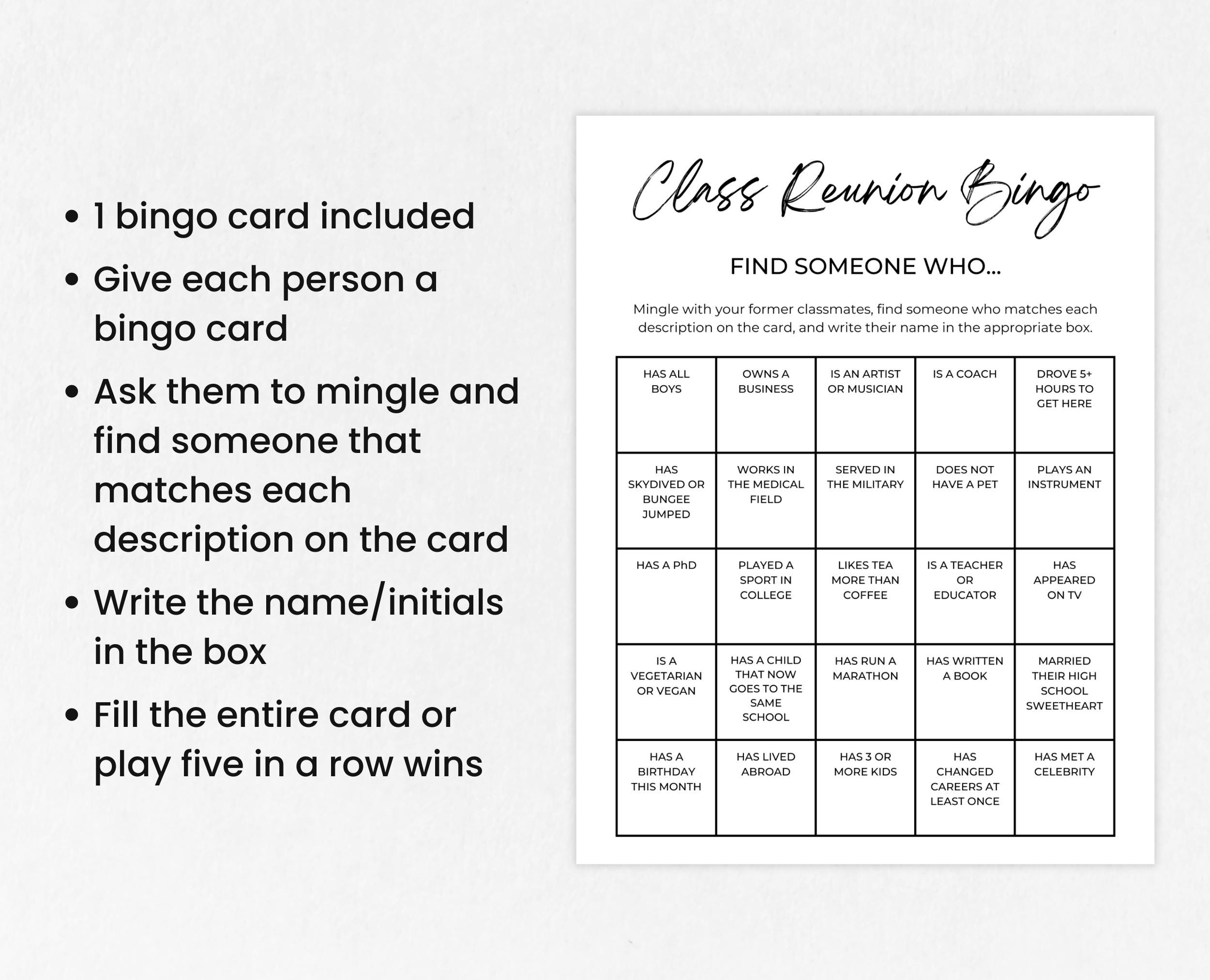 Editable Class Reunion Bingo Game, Class Reunion Bingo, High School ...
