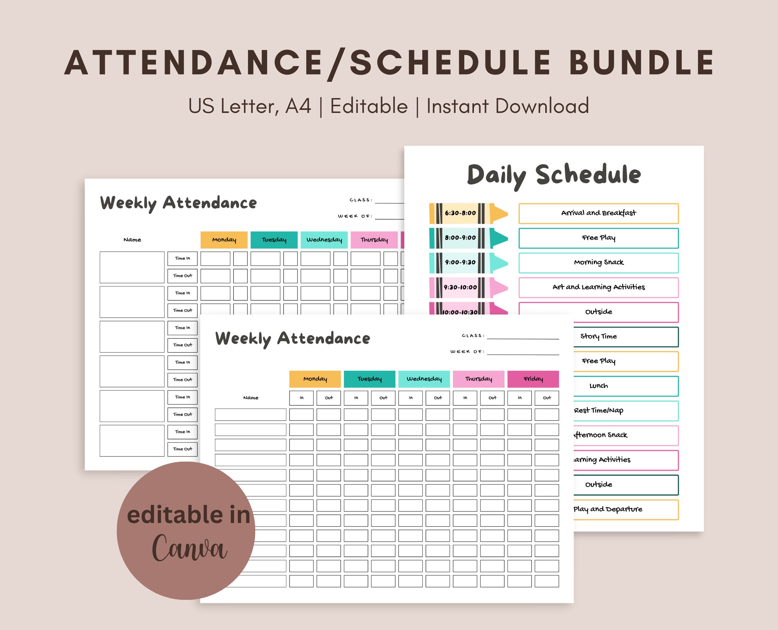 Editable Weekly Attendance and Daily Schedule Bundle, Daycare Sign In ...