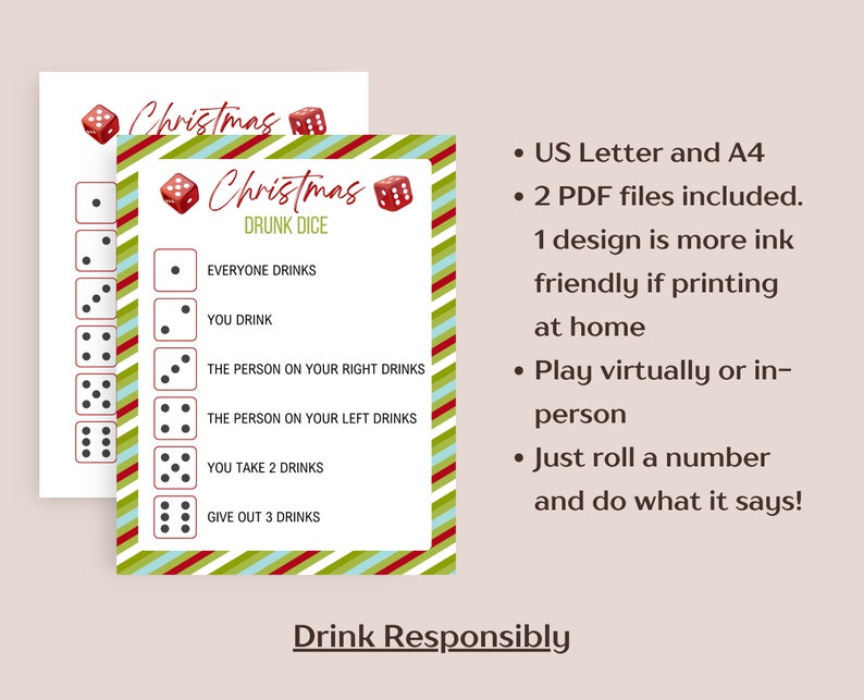 Drunk Dice Game Printable, Christmas Dice Game, Party Drinking Game ...