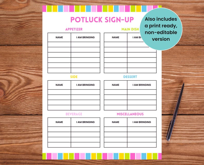 Editable Potluck Sign up Sheet, Birthday Party Potluck, Potluck Party ...