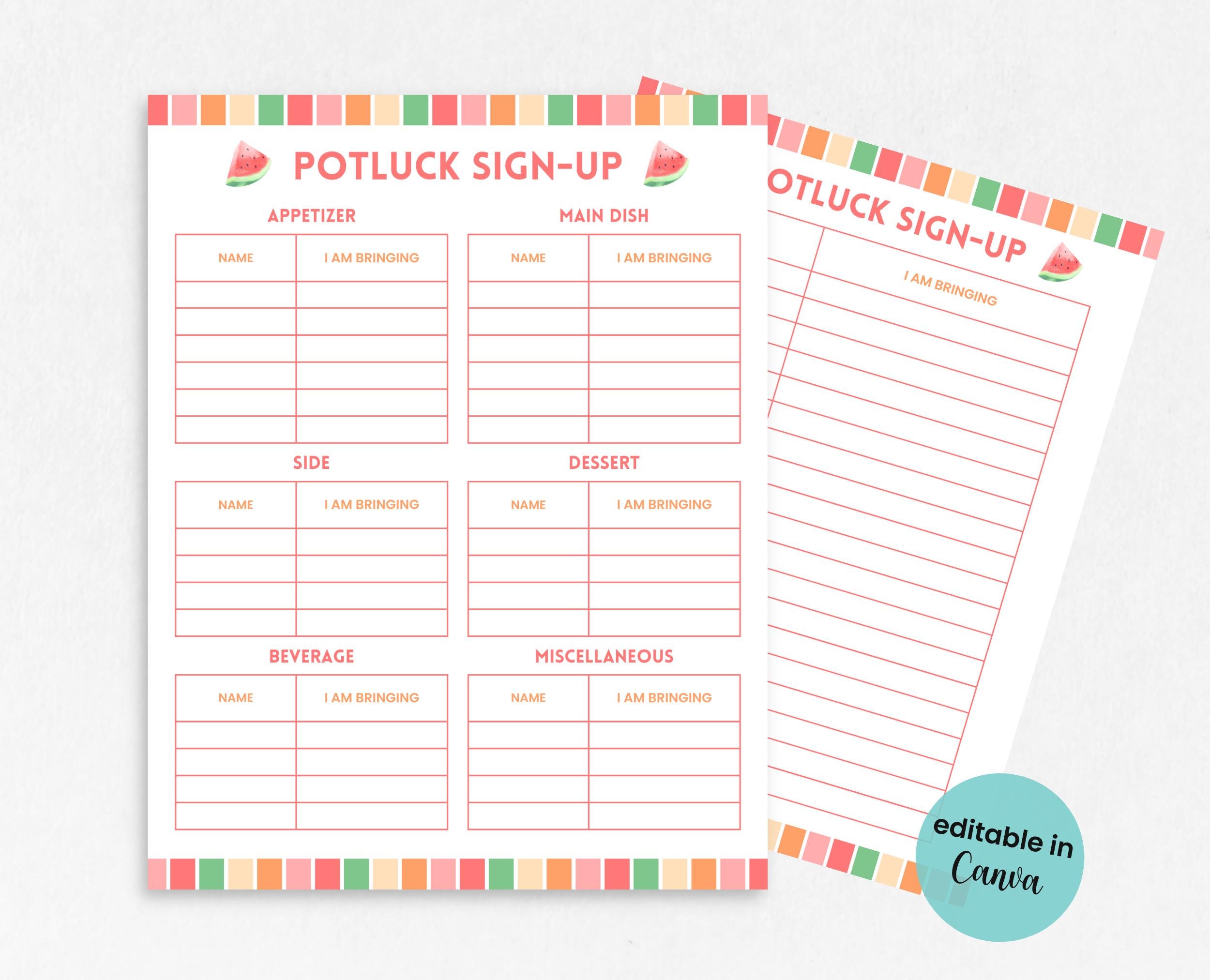 Editable Potluck Sign up Sheet, Summer Office Potluck Party Printable ...