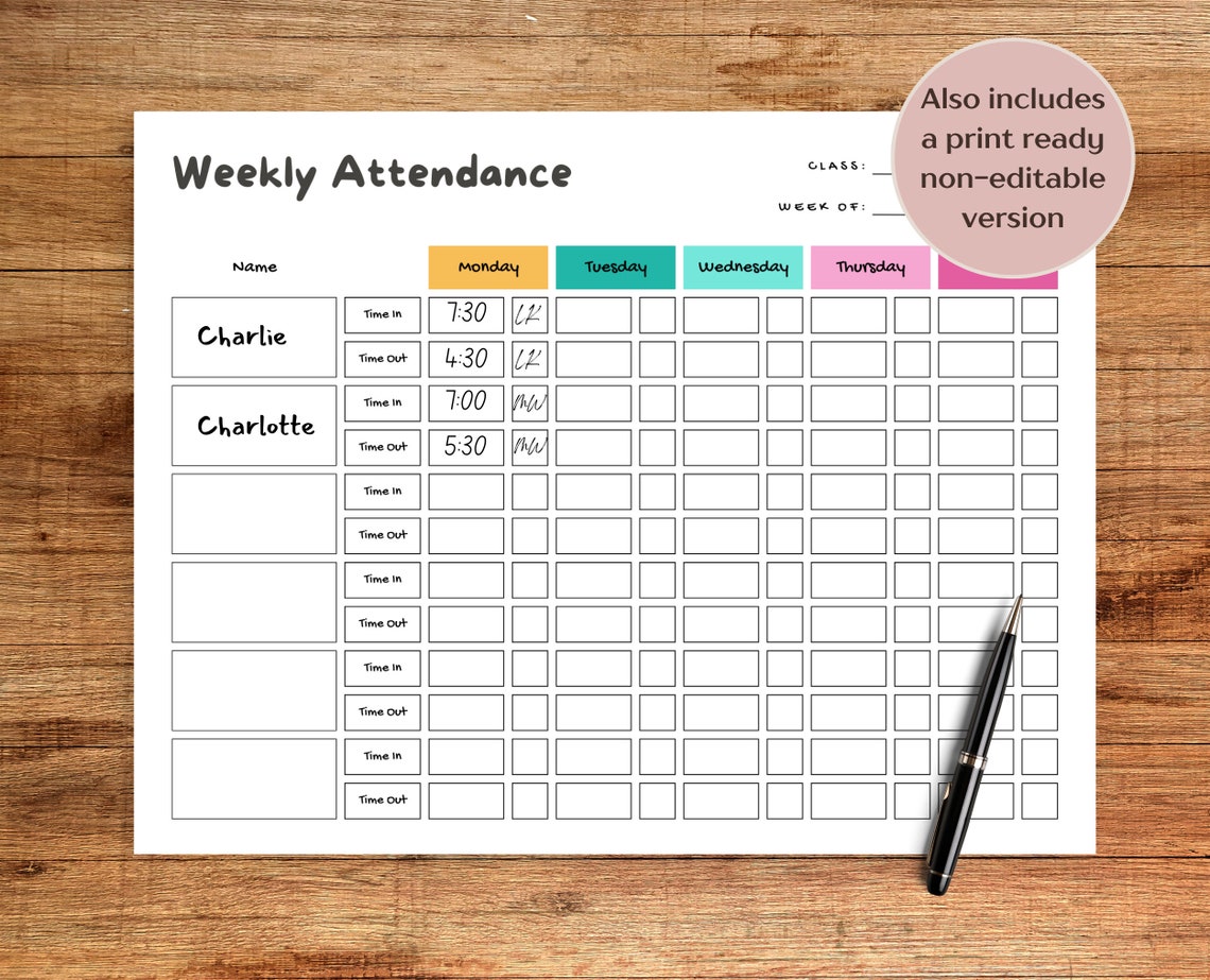 Editable Weekly Attendance Tracker Template, Daycare Sign In, Preschool ...