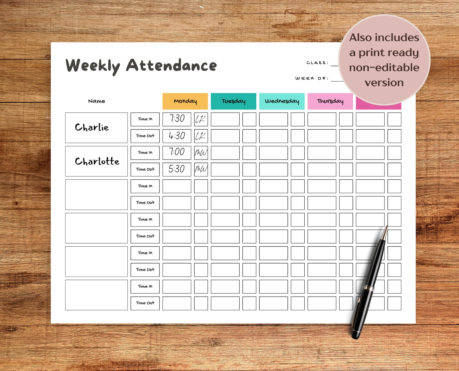 Editable Weekly Attendance Tracker Template, Daycare Sign In, Preschool ...