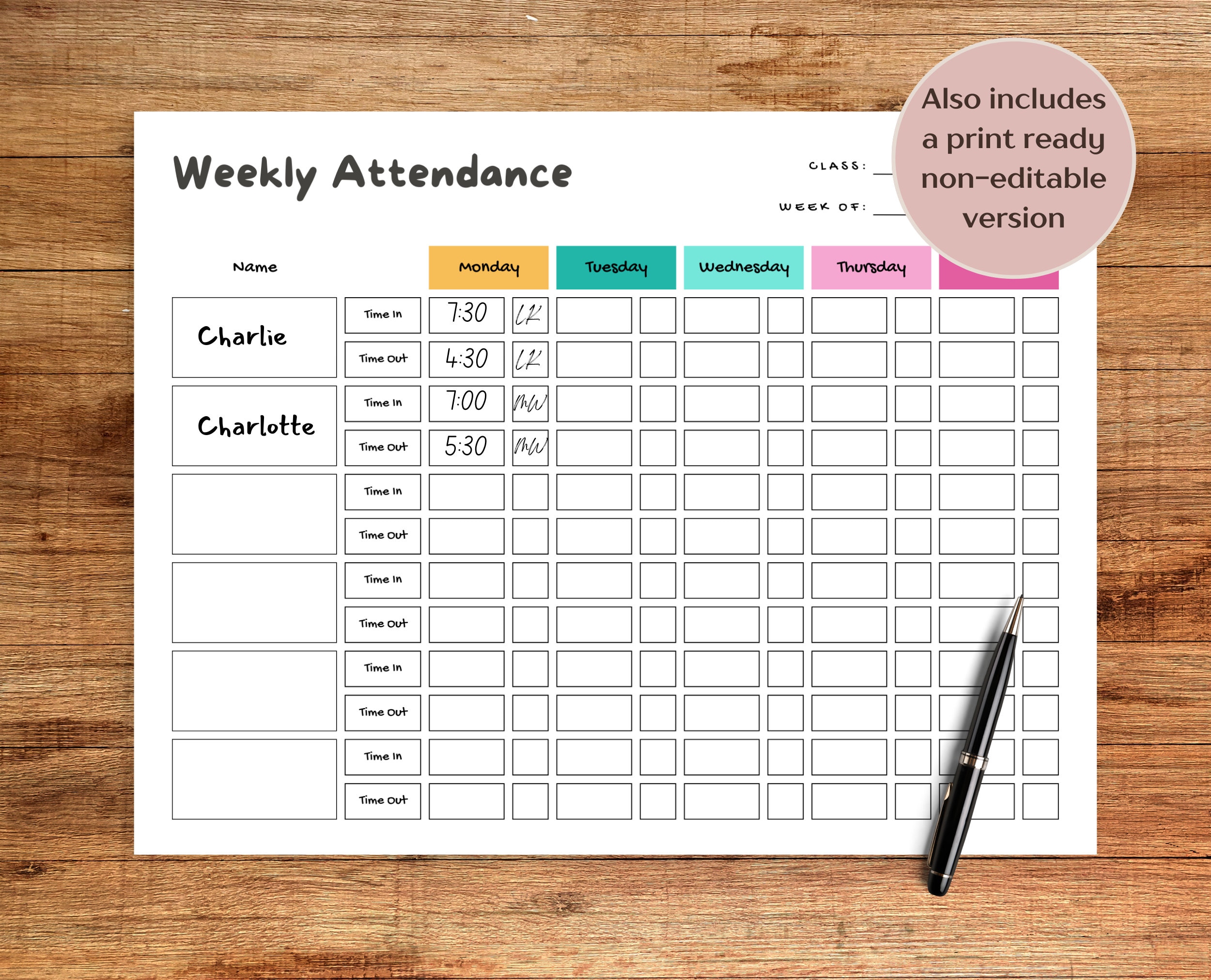 Editable Weekly Attendance Tracker Template, Daycare Sign In, Preschool ...