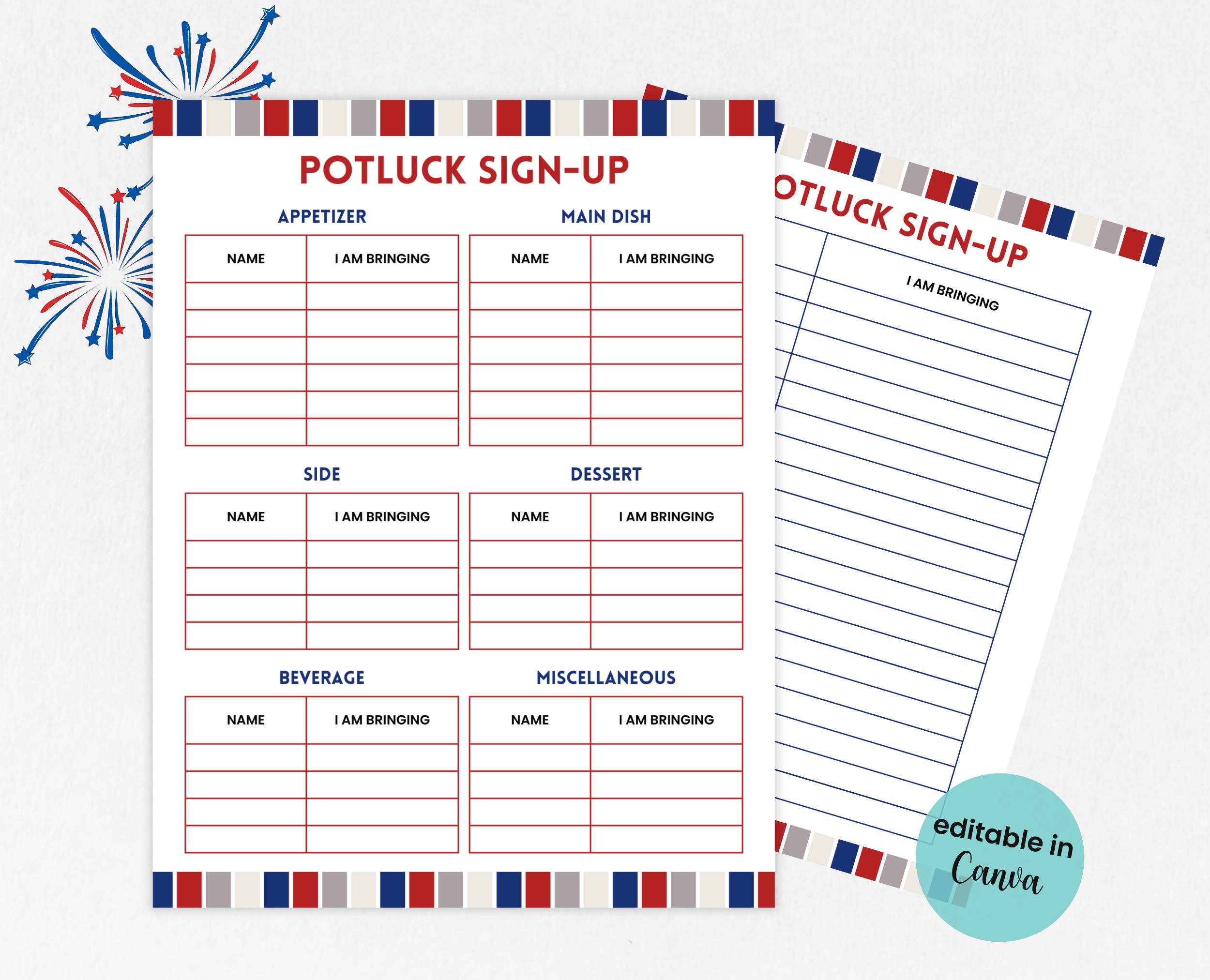 Editable Potluck Sign up Sheet, 4th of July Party, Office Potluck Party ...
