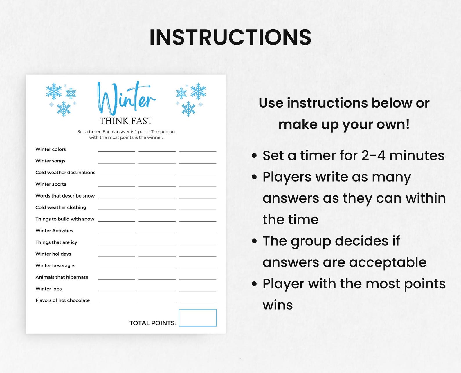 Winter Think Fast Game, Printable Christmas Fun Party Activity, Winter ...