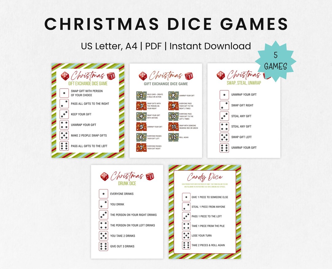 Christmas Dice Game Printable, Christmas Gift Exchange Dice Game, White ...