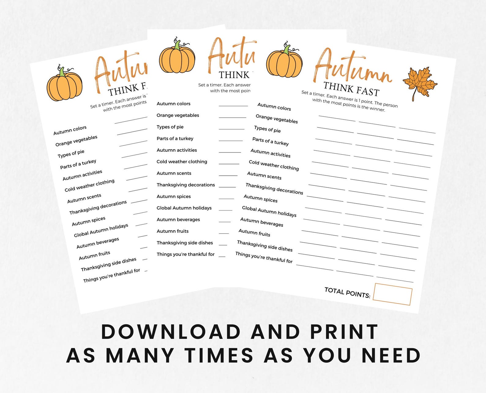 Thanksgiving Think Fast Game, Printable Thanksgiving Fun Party Activity ...