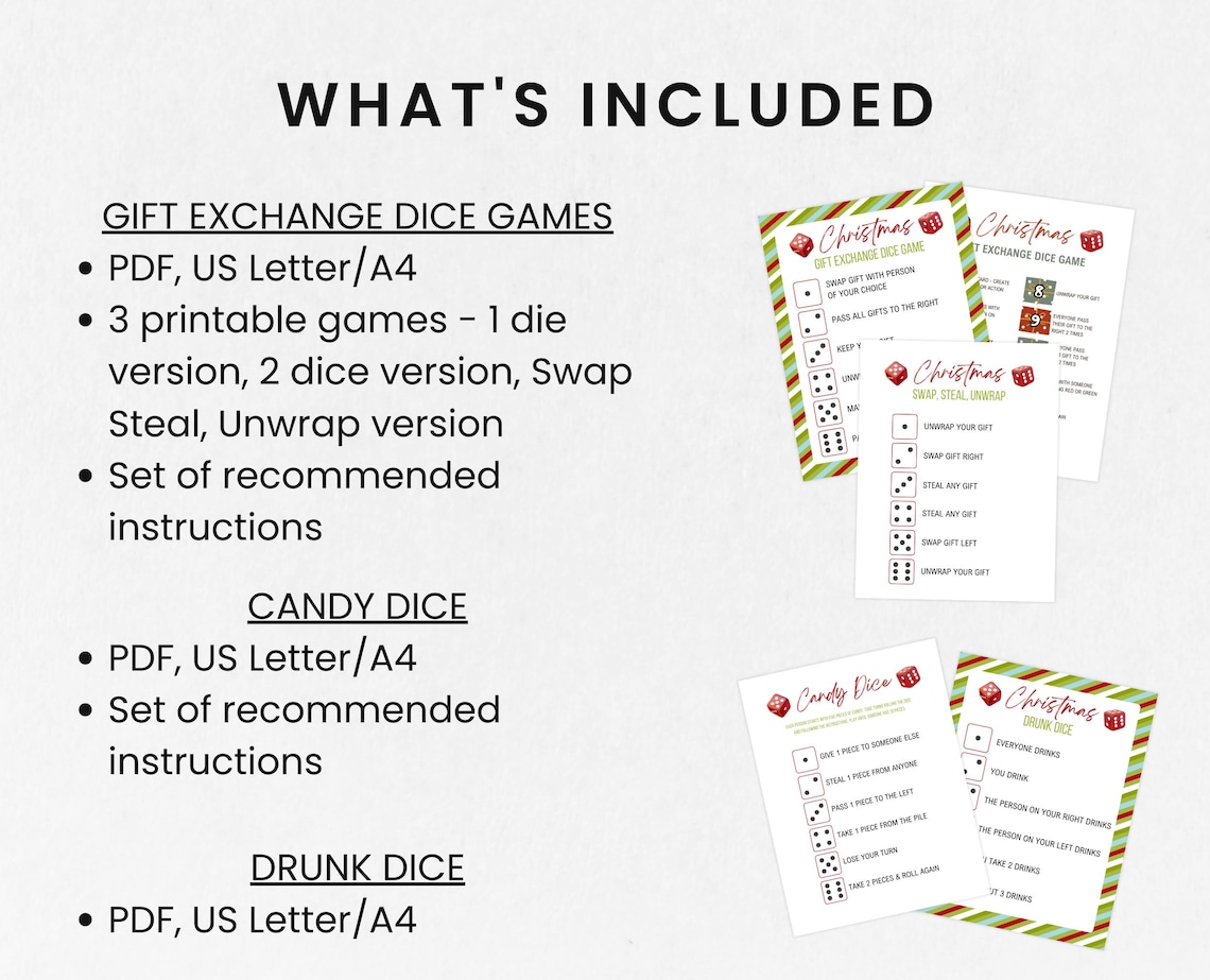 Christmas Dice Game Printable, Christmas Gift Exchange Dice Game, White ...