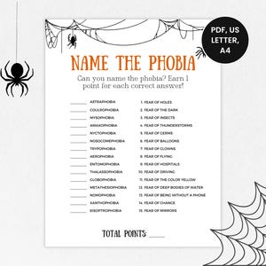 Name the Phobia Game, Halloween Phobia Trivia Game, Phobia Match ...
