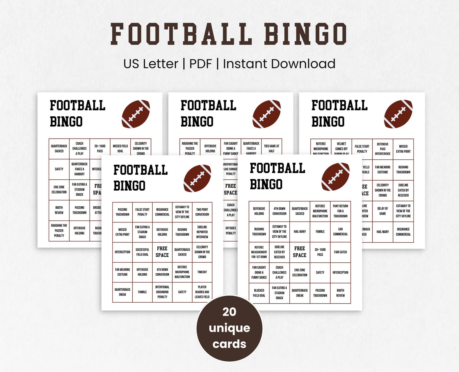 Football Bingo Cards, Football Bingo Game, Printable Sports Bingo Cards ...