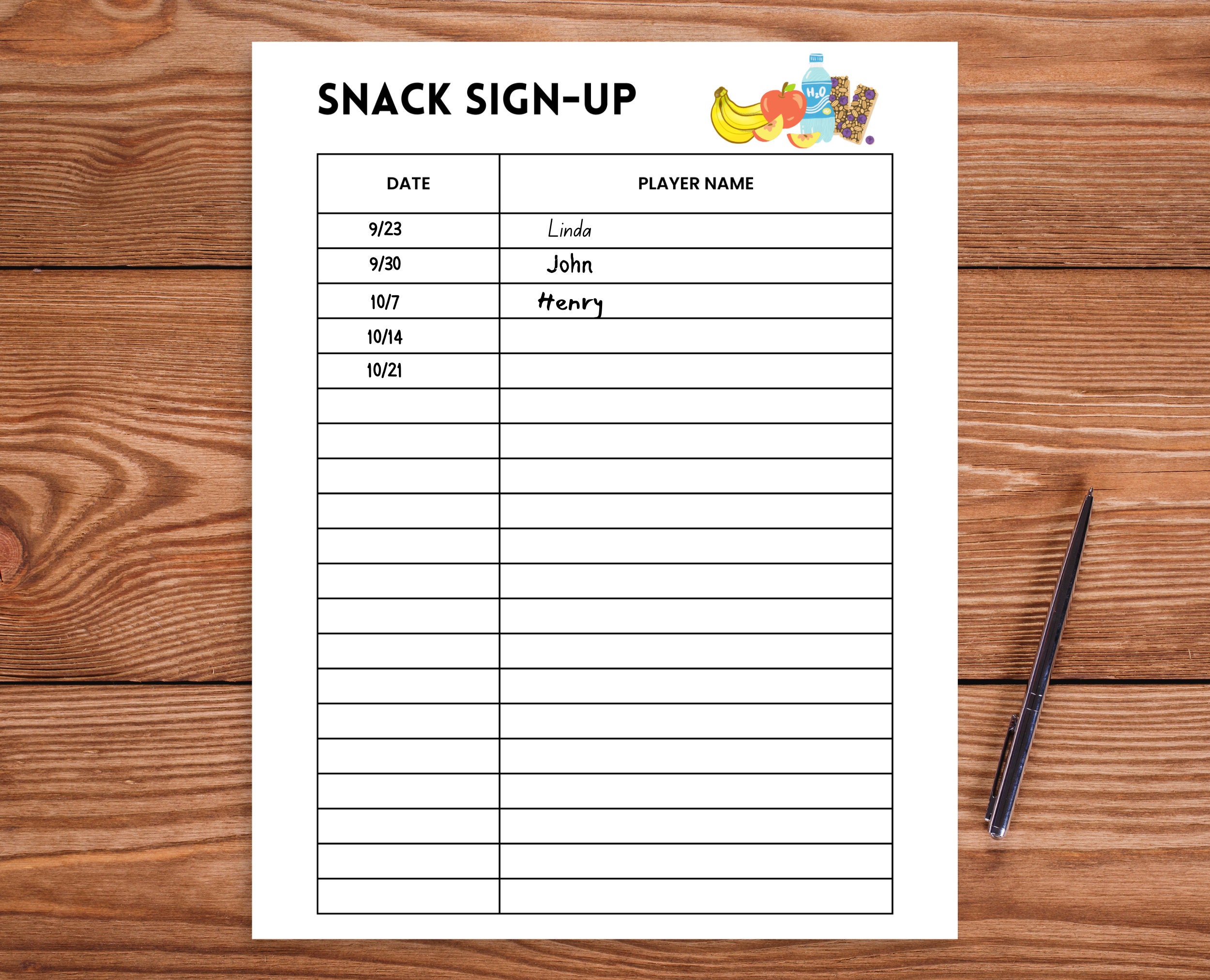 Snack Sign up Sheet, Coach Snack Signup Sheet Printable, Sports Food ...