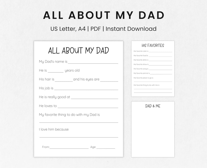 All About My Dad Printable, Dad Questionnaire, Father's Day Gift for ...