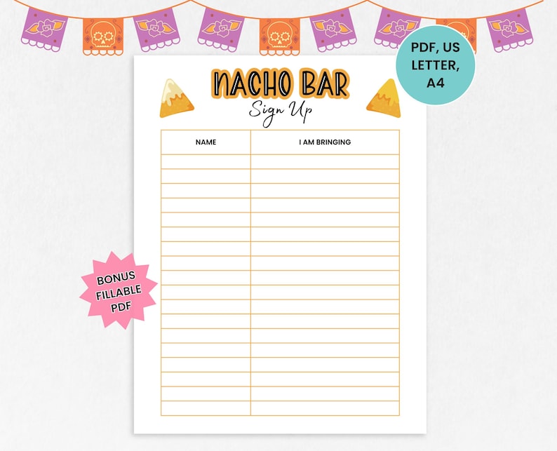 Nacho Bar Potluck Sign up Sheet, Office Potluck Party Printable, Taco ...