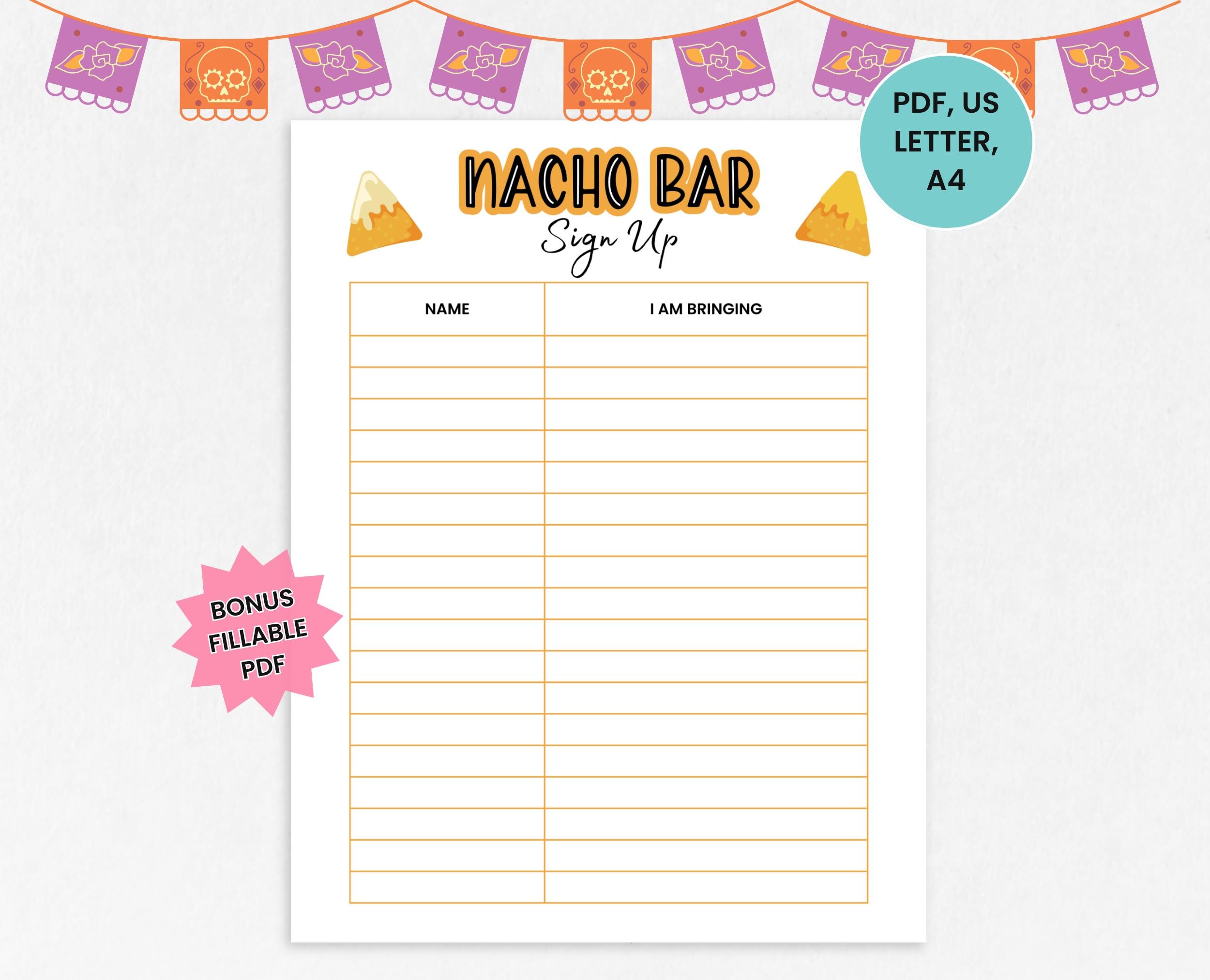 Nacho Bar Potluck Sign up Sheet, Office Potluck Party Printable, Taco ...