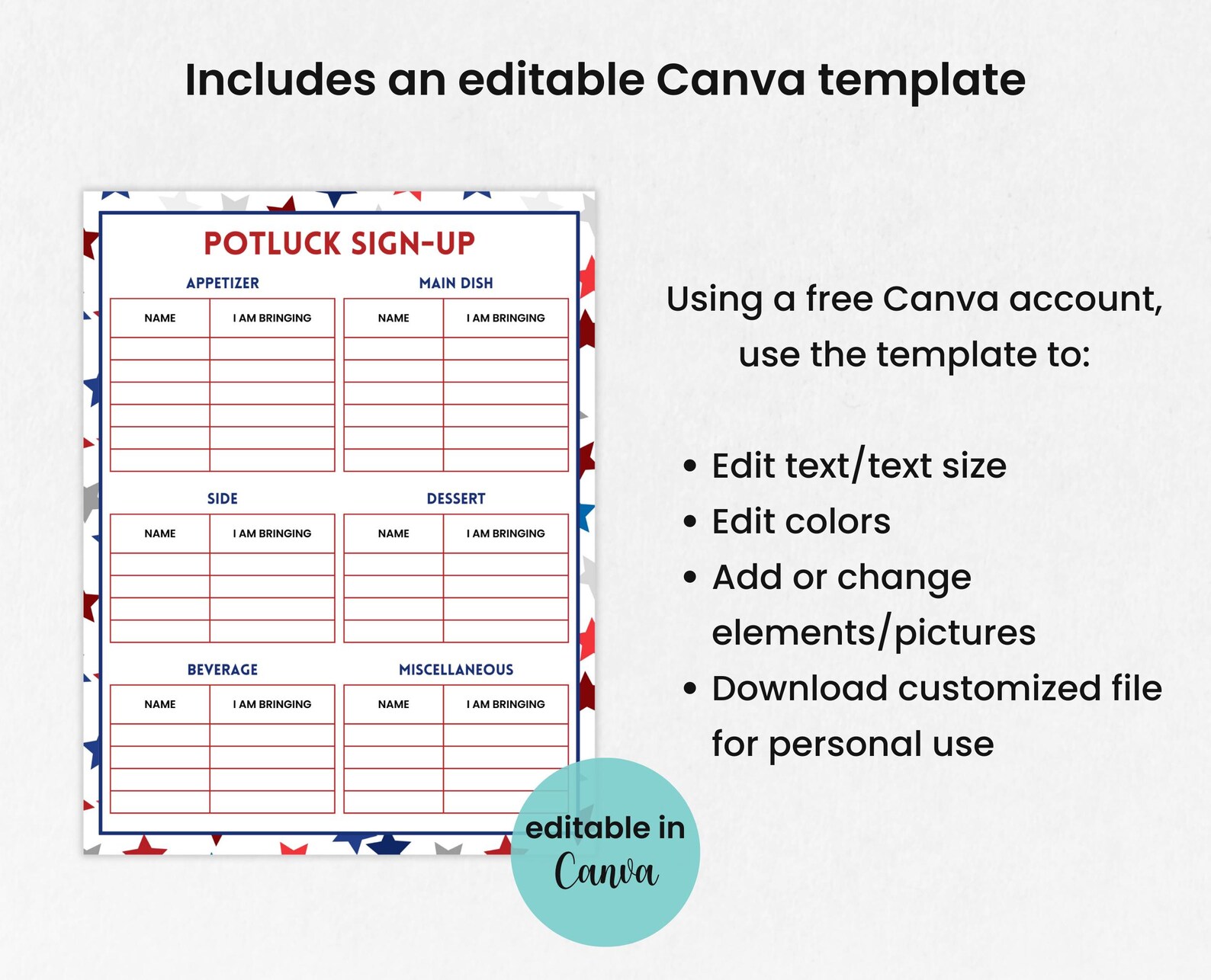 Editable Potluck Sign up Sheet, 4th of July Party, Office Potluck Party ...