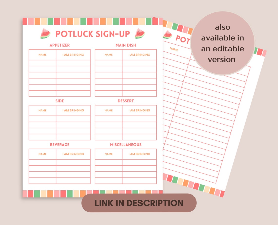 Potluck Sign up Sheet, Office Potluck Party Printable, Summer Party ...