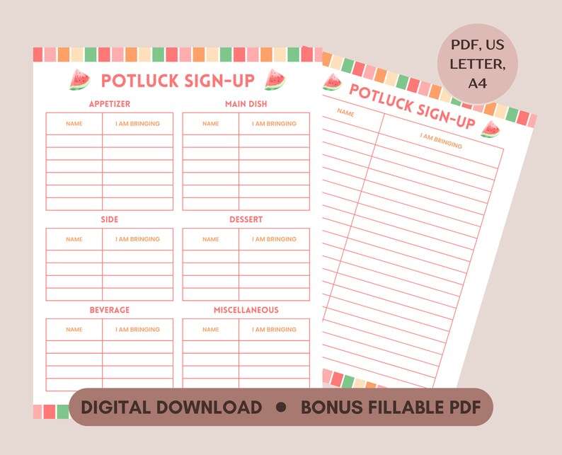 Potluck Sign up Sheet, Office Potluck Party Printable, Summer Party ...