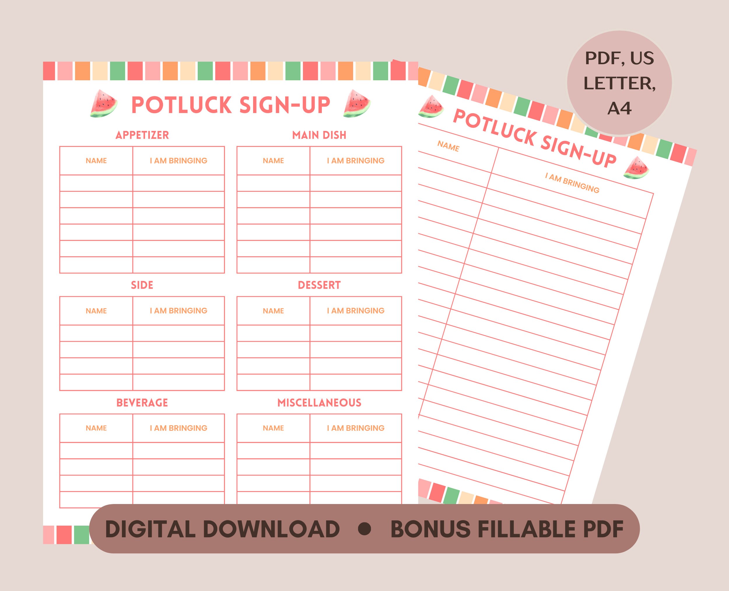 Potluck Sign up Sheet, Office Potluck Party Printable, Summer Party ...