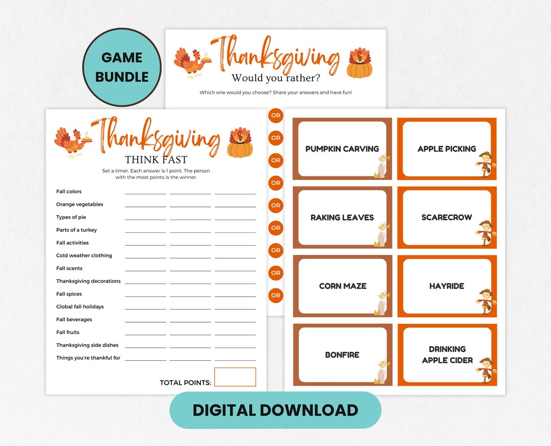 Thanksgiving Game Bundle, Thanksgiving Would You Rather, Think Fast ...