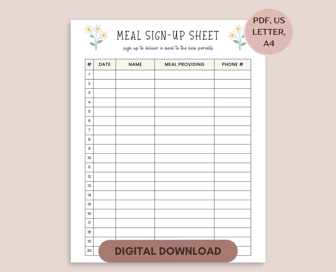 Meal Sign up Sheet Meal Train Signup Sheet Printable Food - Etsy