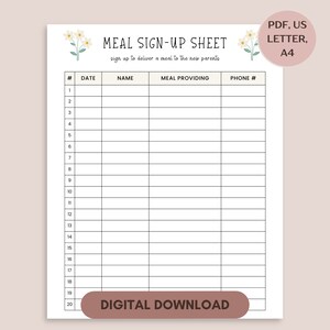 Meal Sign up Sheet Meal Train Signup Sheet Printable Food - Etsy