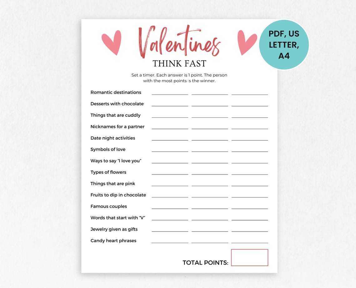 Valentine's Day Think Fast, Printable Valentines Day Game, Valentines ...