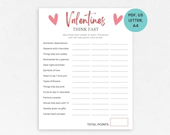 Valentine's Day Think Fast, Printable Valentines Day Game, Valentines ...