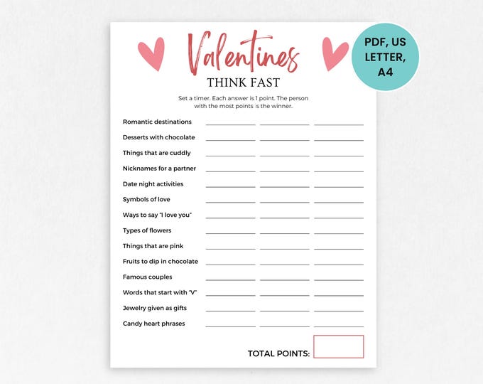 Valentine's Day Think Fast, Printable Valentines Day Game, Valentines ...