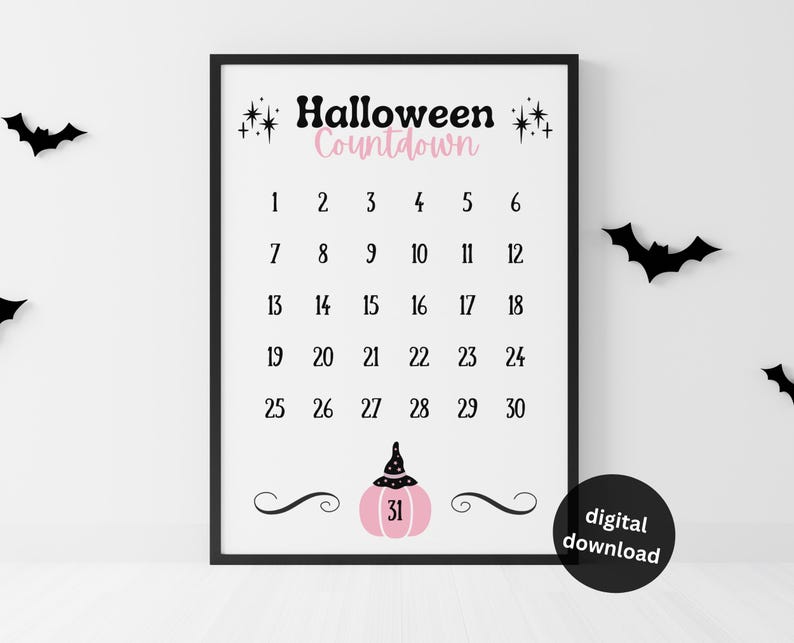 Halloween Countdown Calendar Printable, Pink Halloween Countdown ...