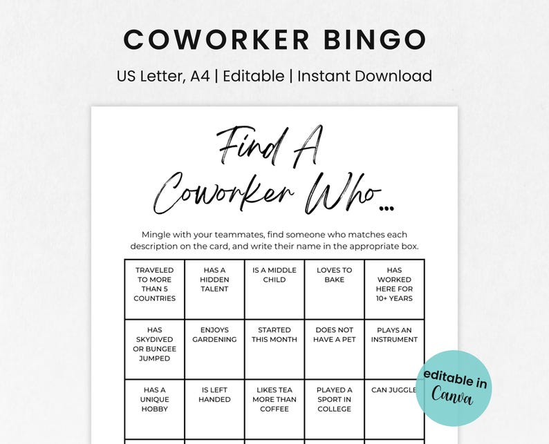 Editable Coworker Bingo, Find a Coworker Bingo, Work Bingo, Office ...