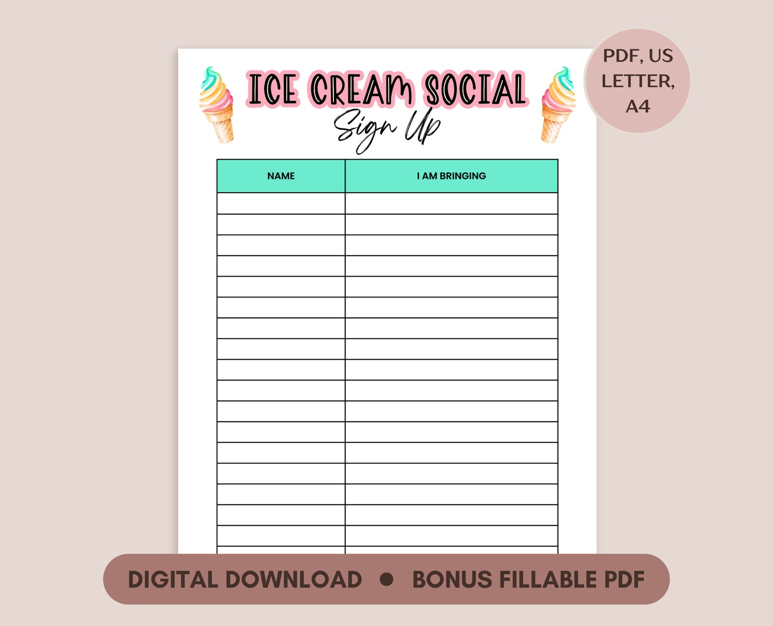 Ice Cream Social Sign up Sheet, Office Potluck Party Printable, Ice ...
