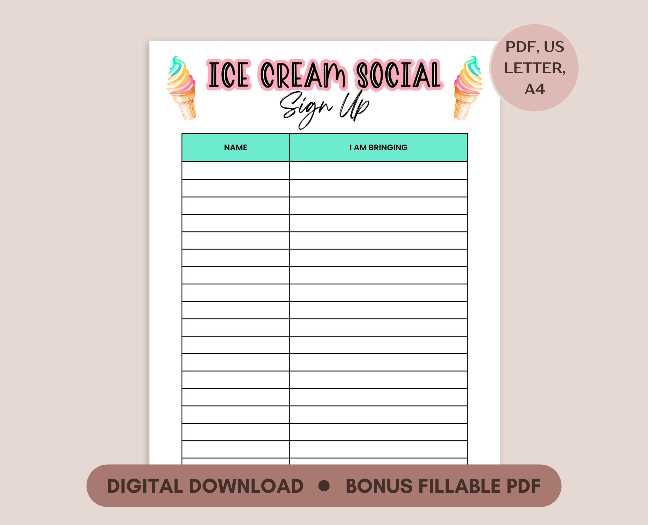 Ice Cream Social Sign up Sheet, Office Potluck Party Printable, Ice ...