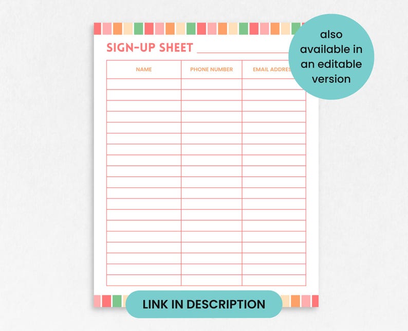 Sign up Sheet Printable, Email Signup Sheet Printable, Volunteer Summer ...