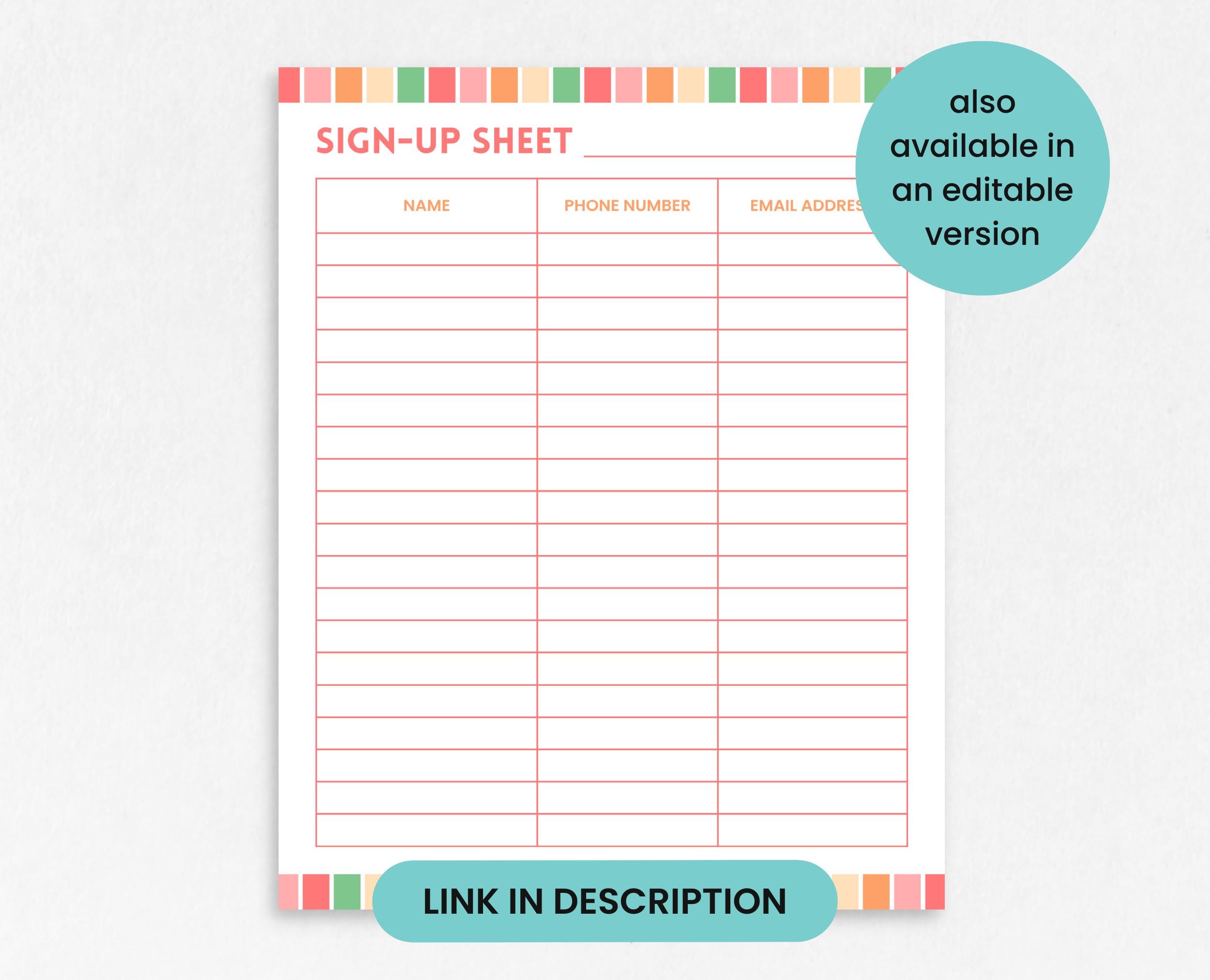 Sign up Sheet Printable, Email Signup Sheet Printable, Volunteer Summer ...