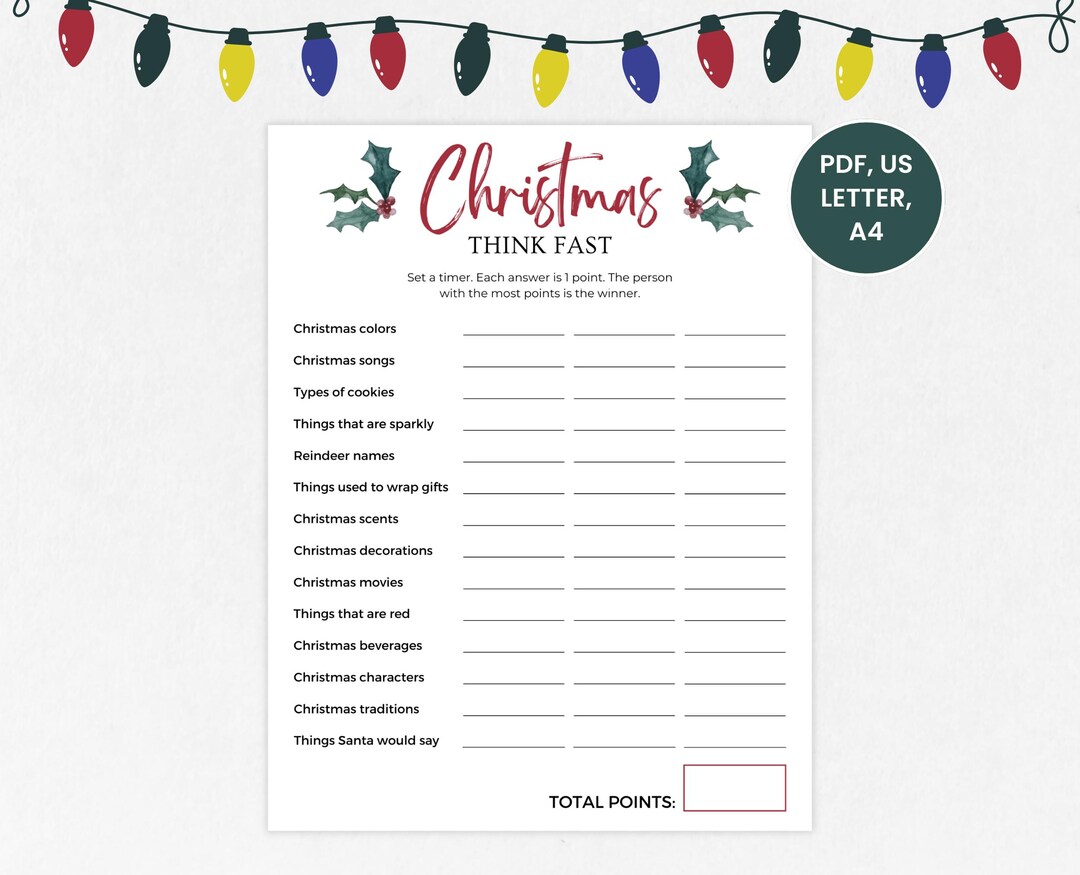 Christmas Think Fast Game, Printable Christmas Fun Party Activity ...