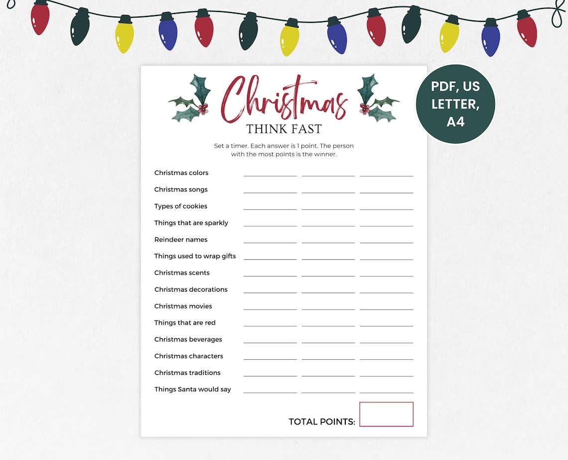 Christmas Think Fast Game, Printable Christmas Fun Party Activity ...