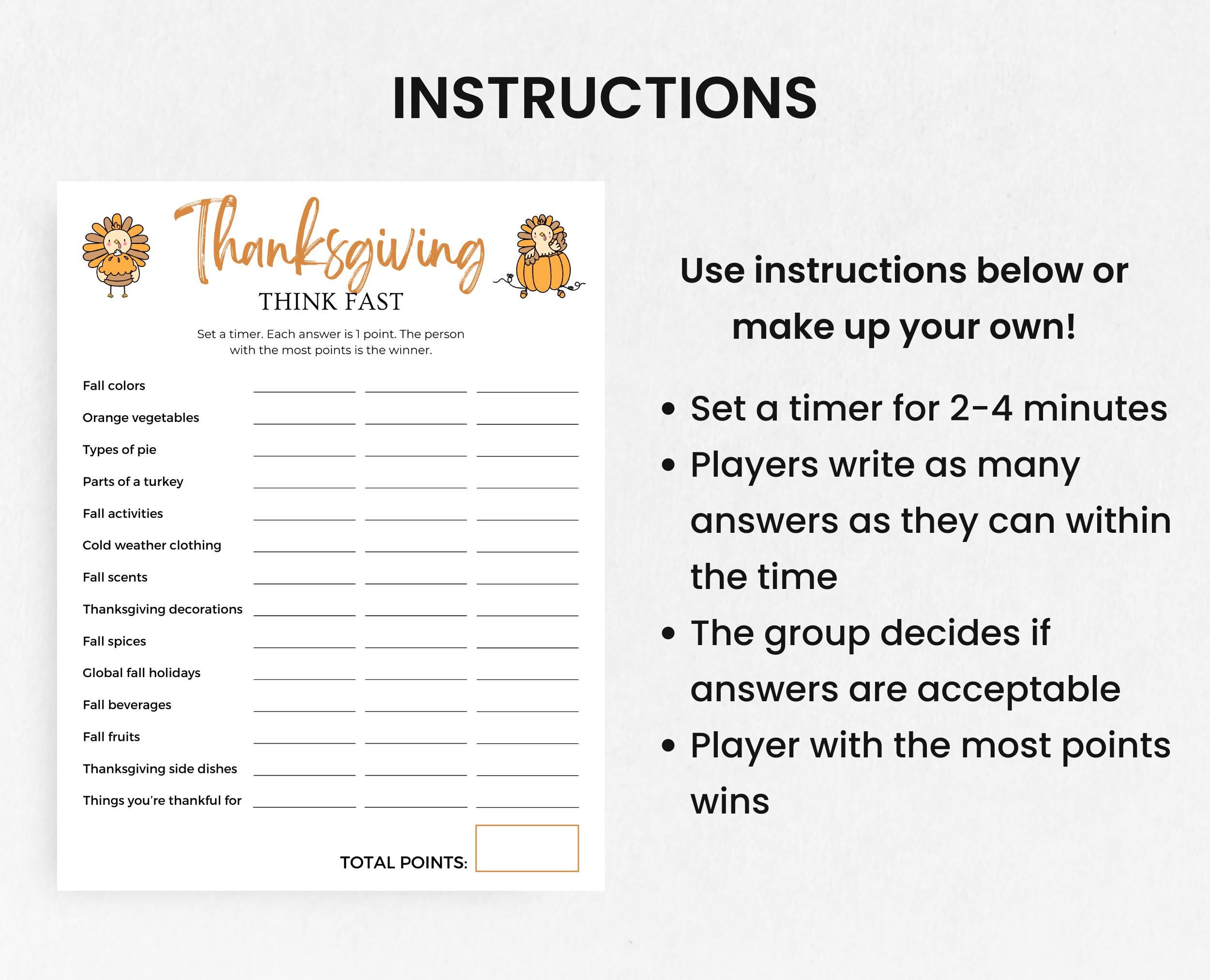 Thanksgiving Think Fast Game, Printable Thanksgiving Fun Party Activity ...