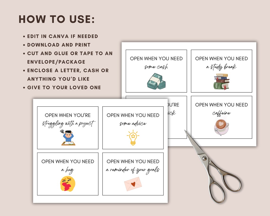 Editable Open When Cards for College Students, Open When Letters ...